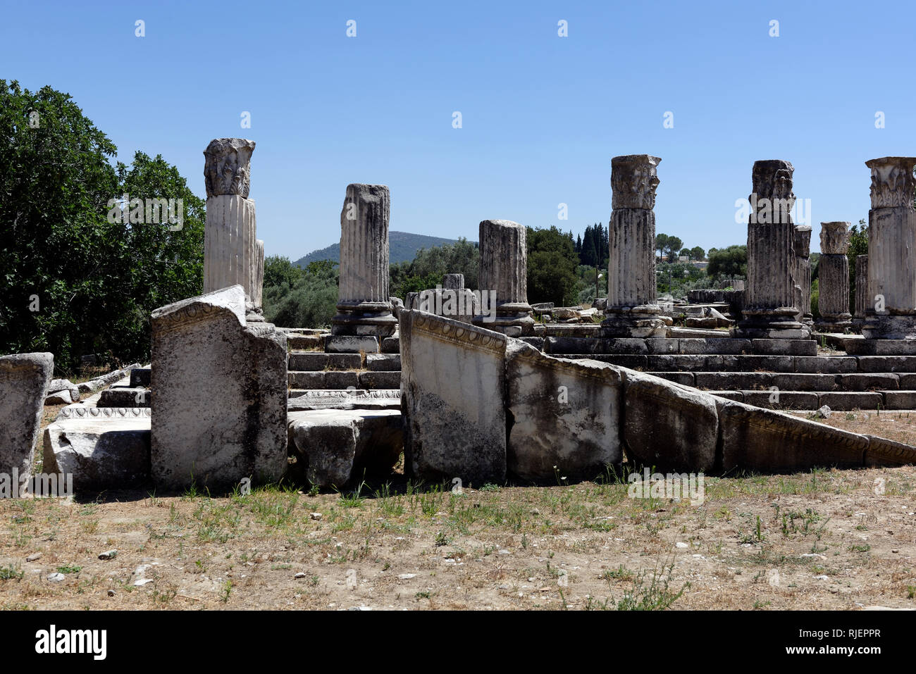 Pediment pieces lay in front of the 2nd century BC Temple of Hecate ...
