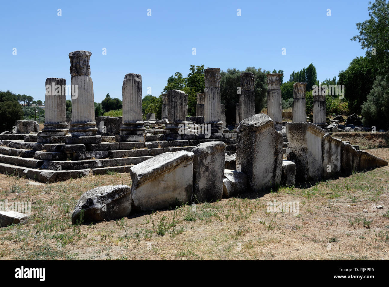 Pediment pieces lay in front of the 2nd century BC Temple of Hecate ...
