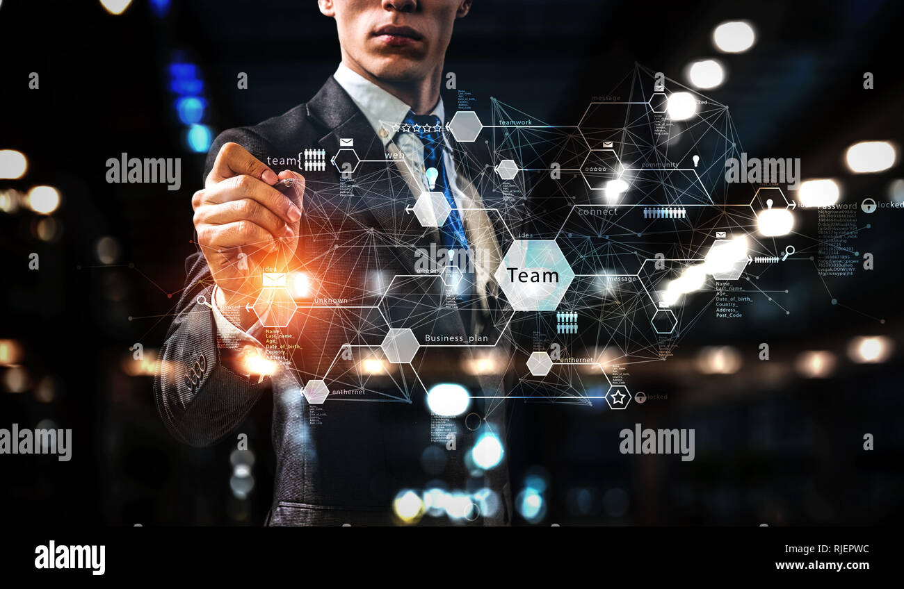 Human hand drawing on screen connection lines of network. 3d rendering ...