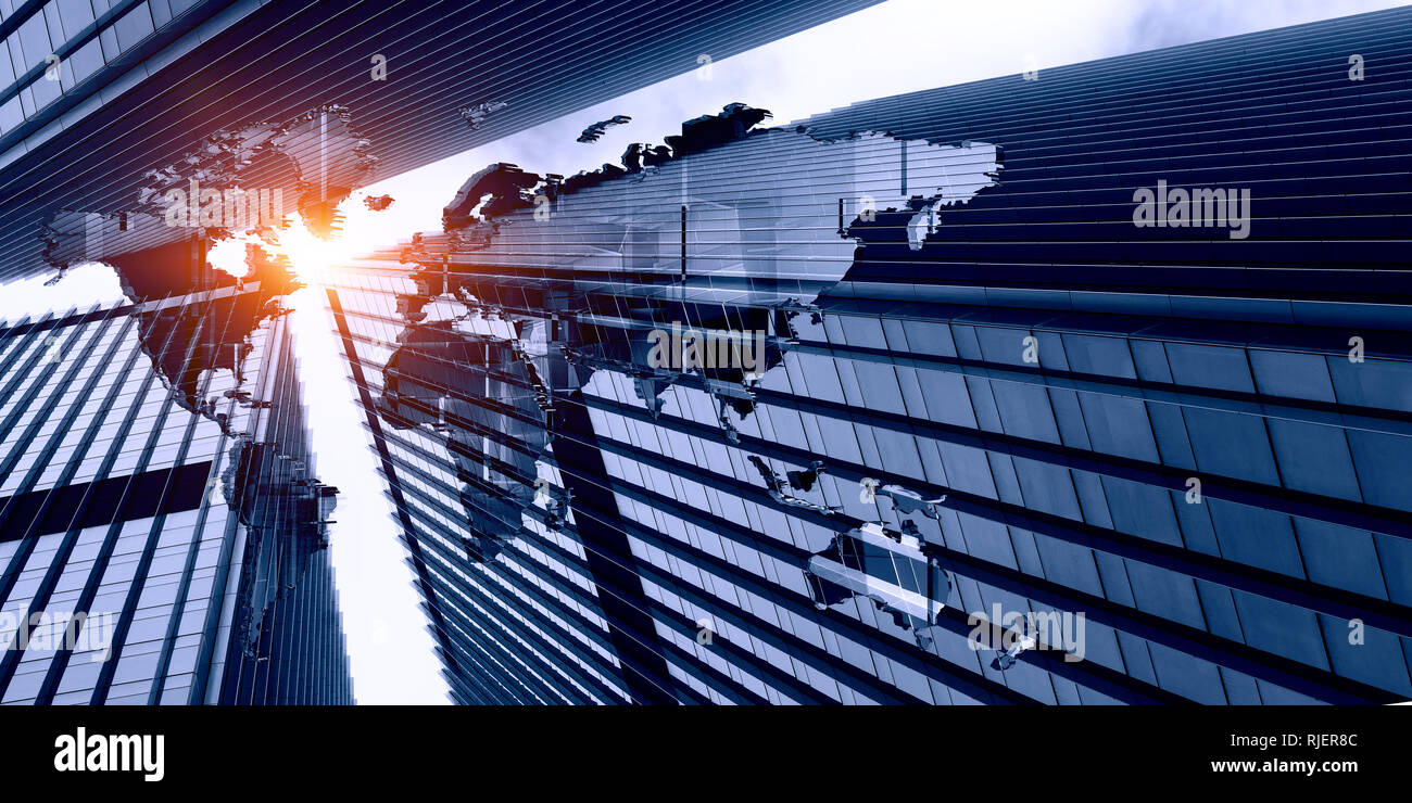 Glass business center buildings and world map as concept. Mixed media ...
