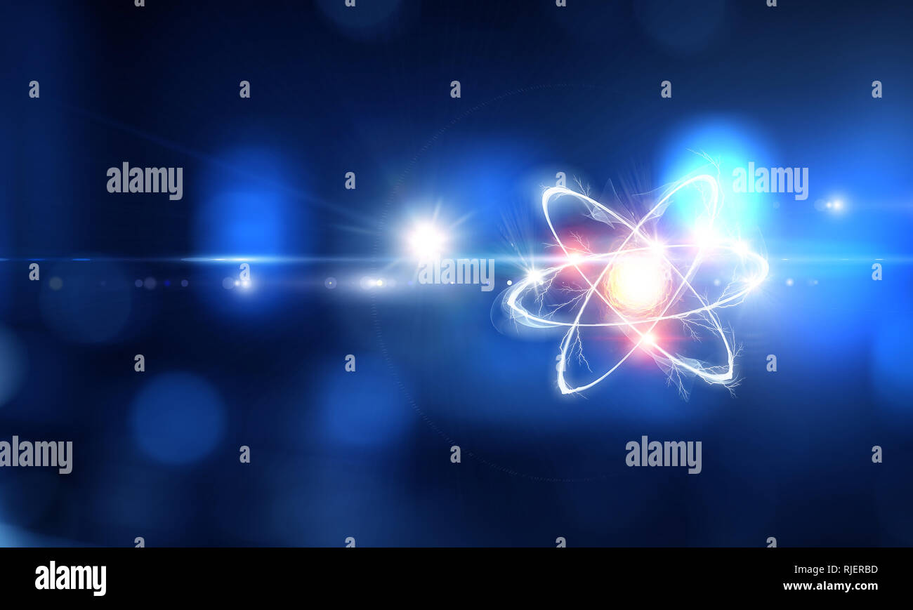 Atom molecule on media background as science concept. 3d rendering ...