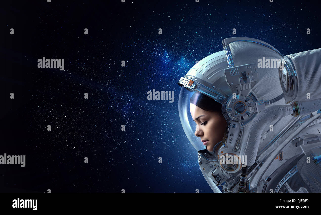 Profile of woman astronaut on dark starry sky background. Mixed media ...