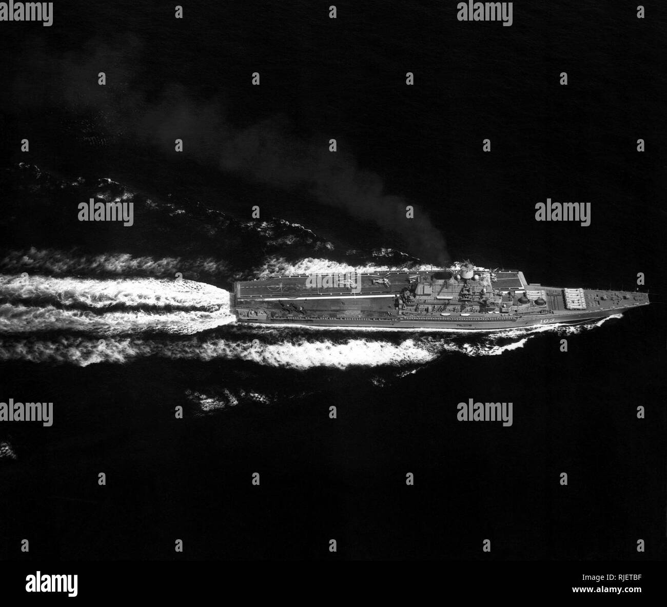 An overhead starboard beam view of the Soviet Kiev-class aircraft ...