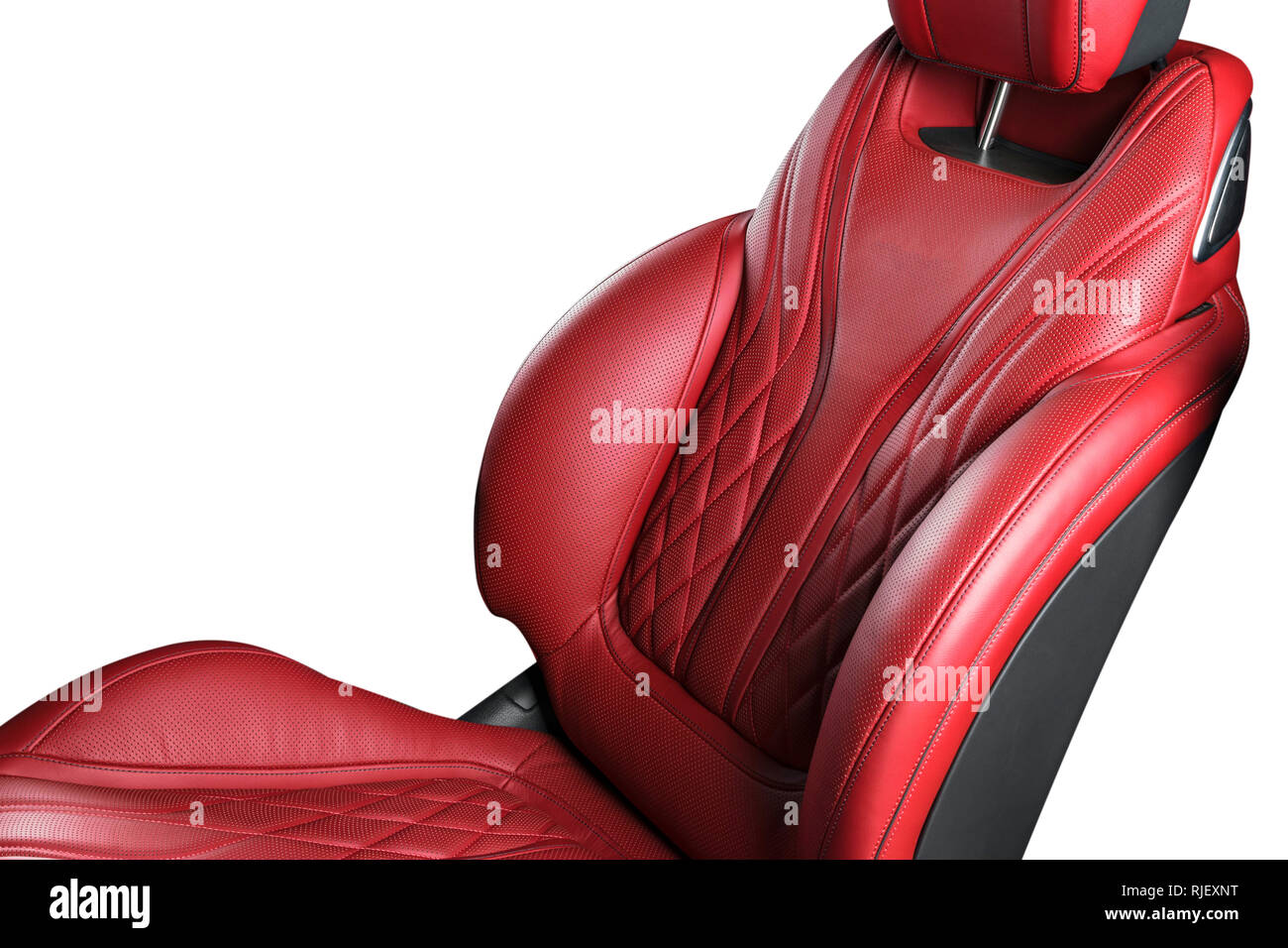Red leather interior of the luxury modern car. Perforated red leather ...