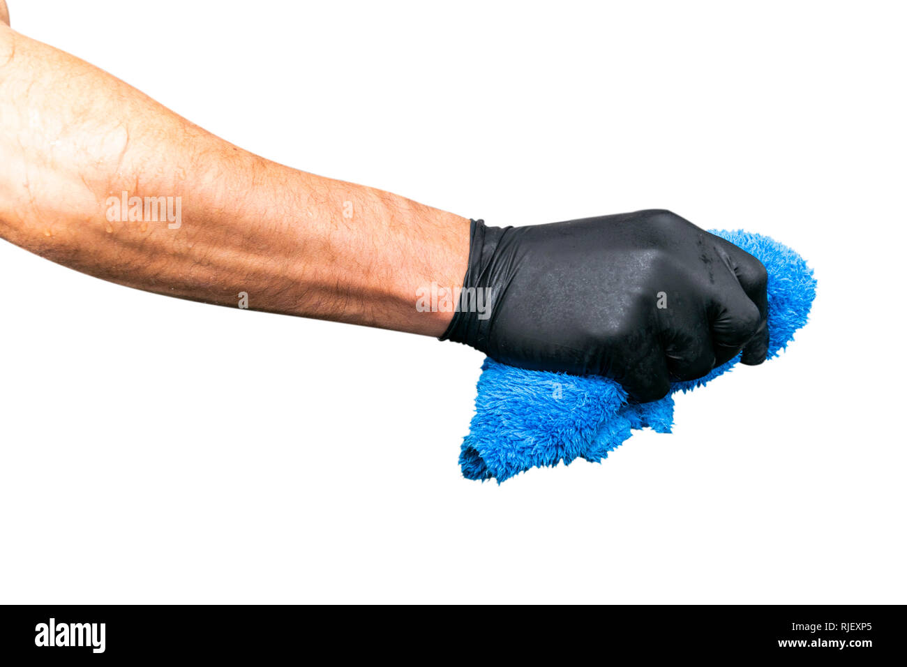 Washing concept. A male man hand with cloth isolated on white ...