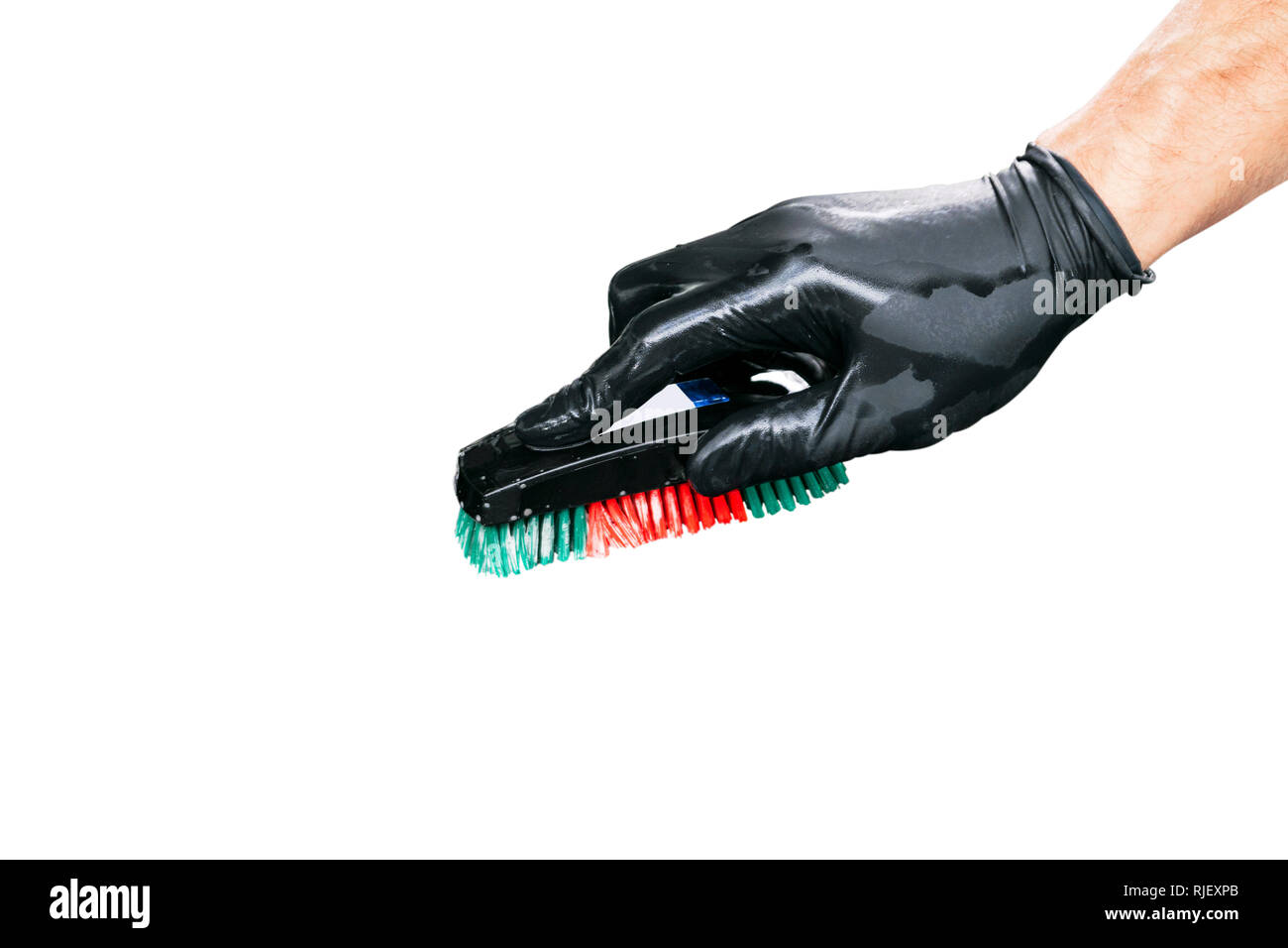 Washing concept. A male man hand with cloth isolated on white ...