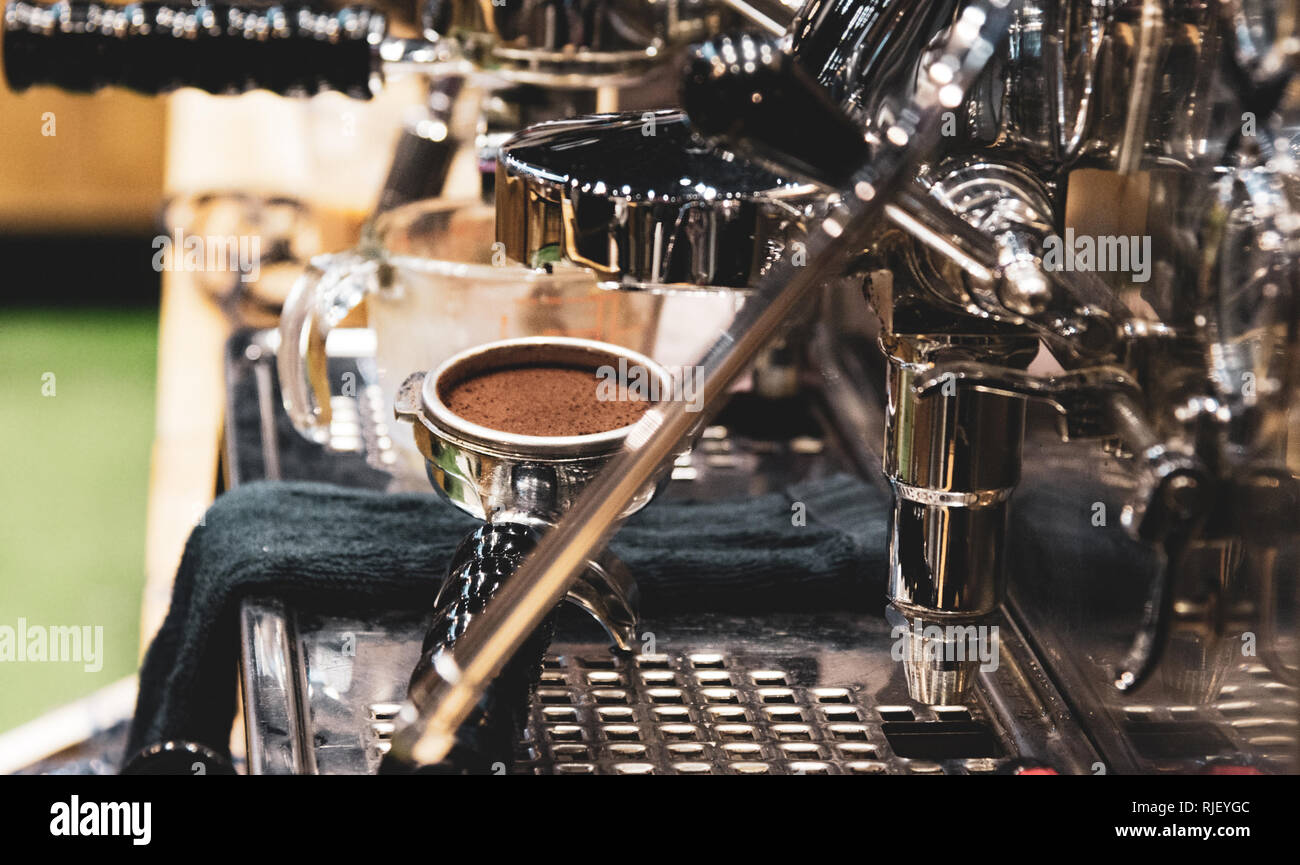 Espresso shot from coffee machine in coffee shop,Coffee maker in coffee ...