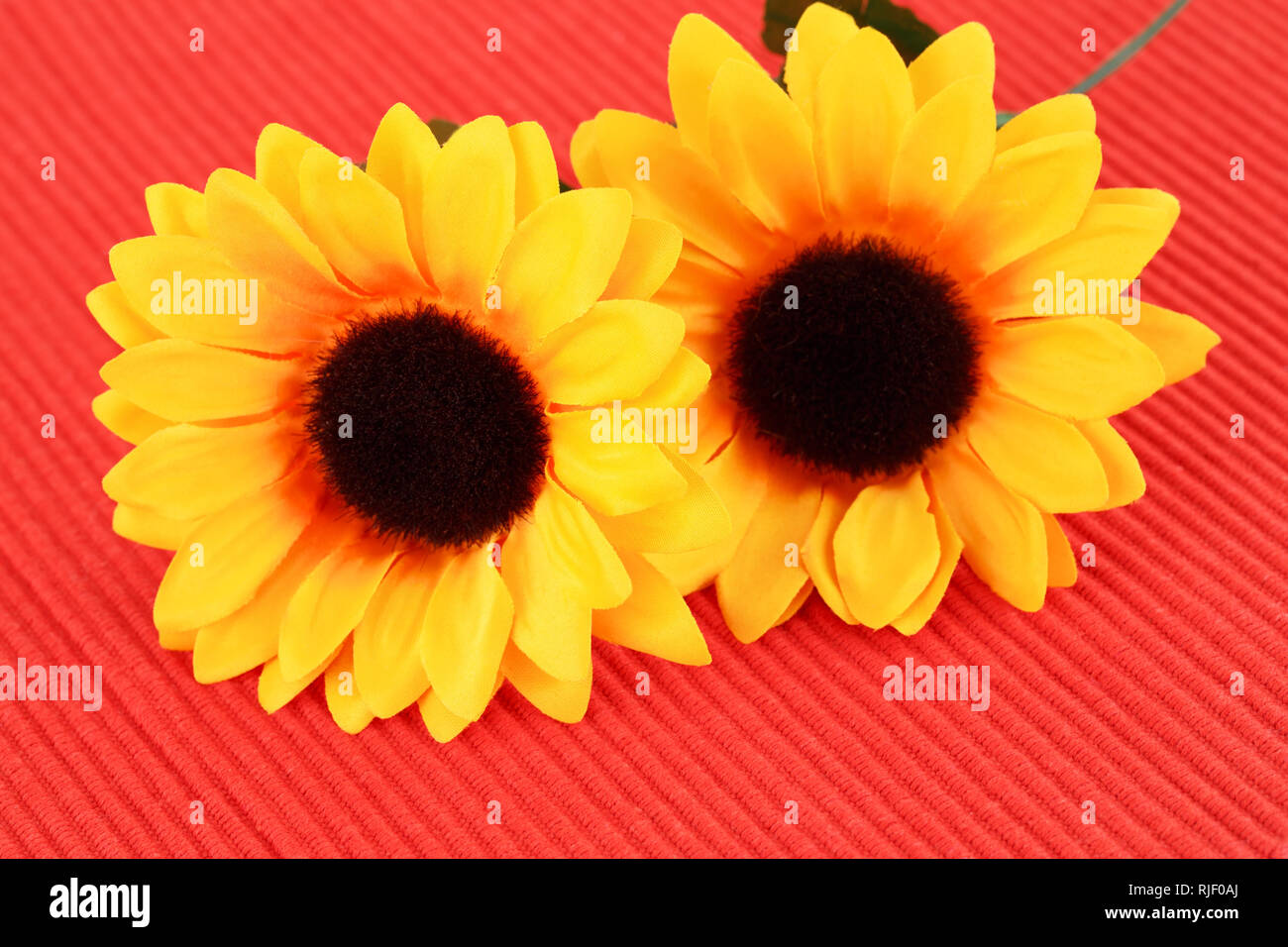 Yellow fabric flowers on cloth background, closeup picture Stock Photo ...