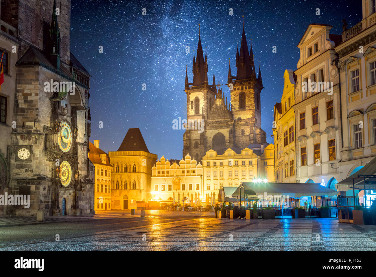 The Old Town Square at night in Prague with stars sky, Czech Republic ...