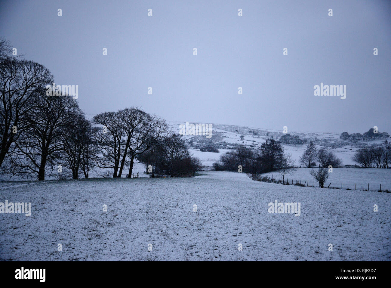 Snowy dawn in the Peak District National Park, England. Twilight light ...