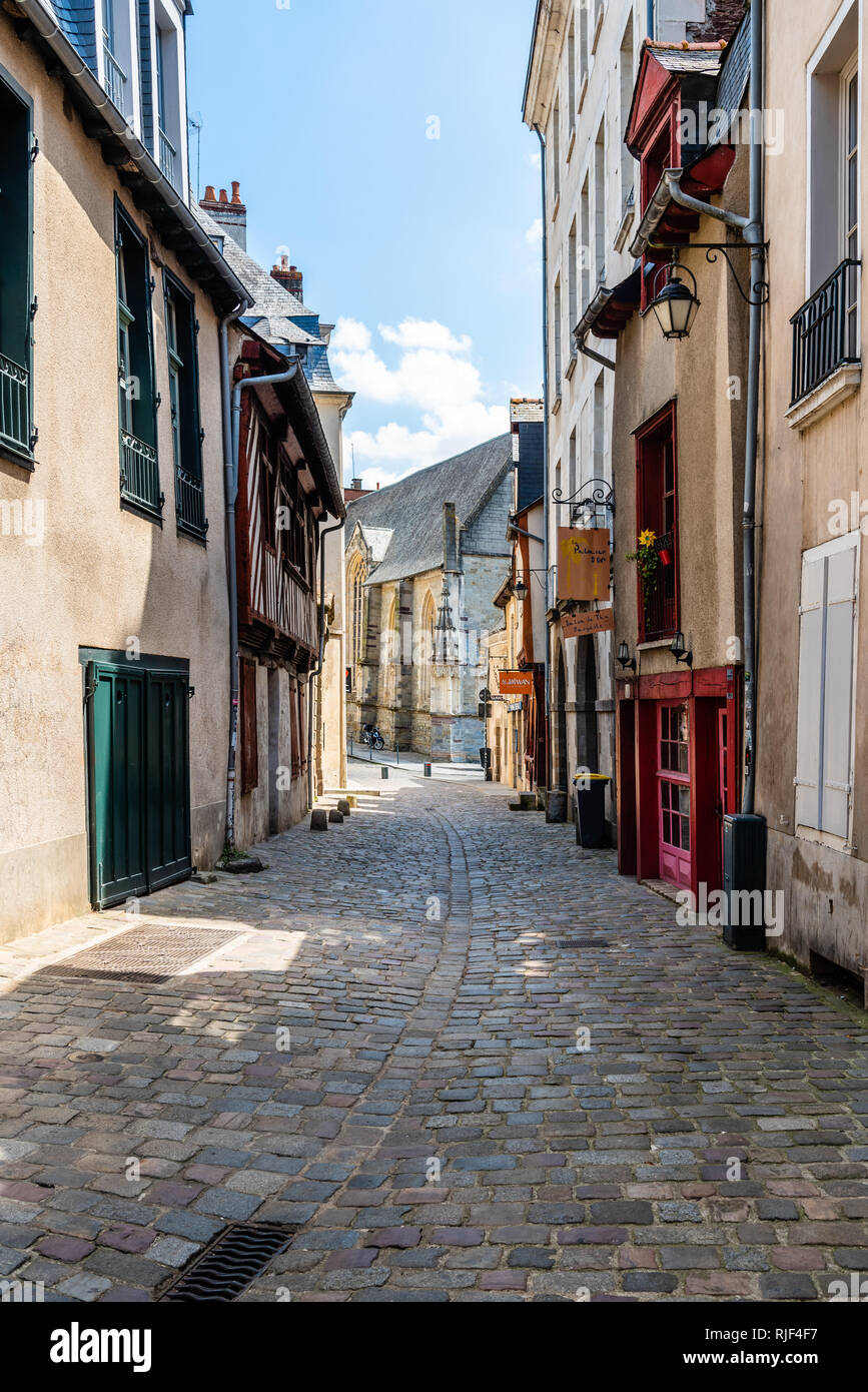 Rennes, France - July 23, 2018: Cobblestoned street in historic centre ...