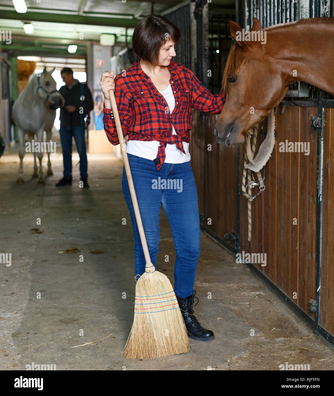 Woman working a horse stable - cleaning floor with broom Stock Photo ...