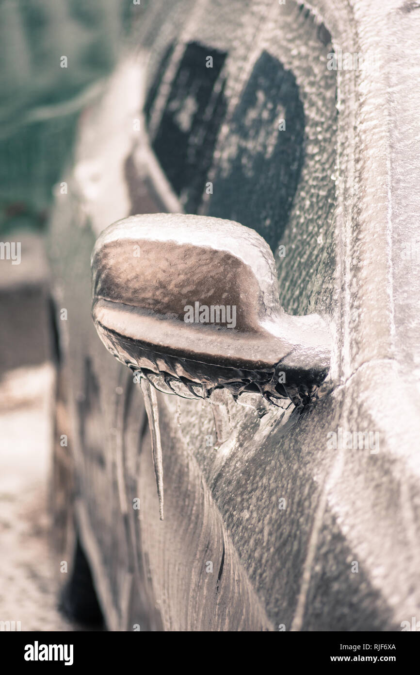 Close up shot of a frozen car mirror after freezing rain Stock Photo ...