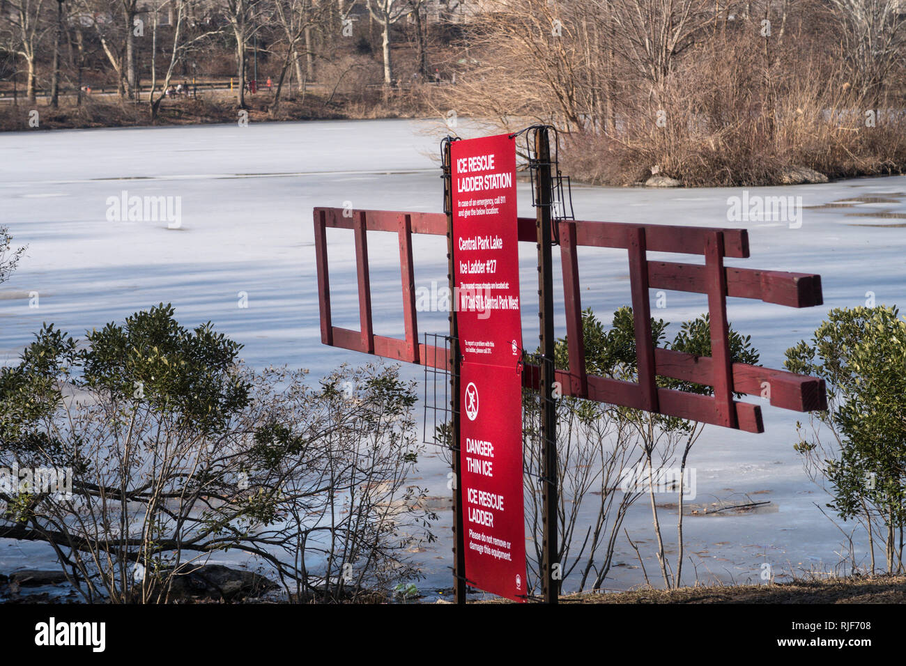 Ice Rescue Ladder Station Sign with the Frozen Lake in background ...