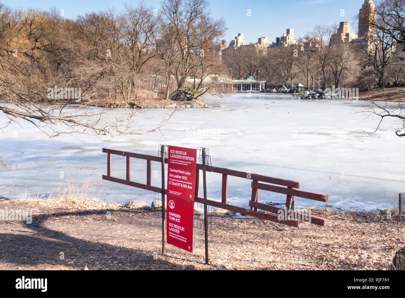 Ice Rescue Ladder Station Sign with the Frozen Lake in background ...
