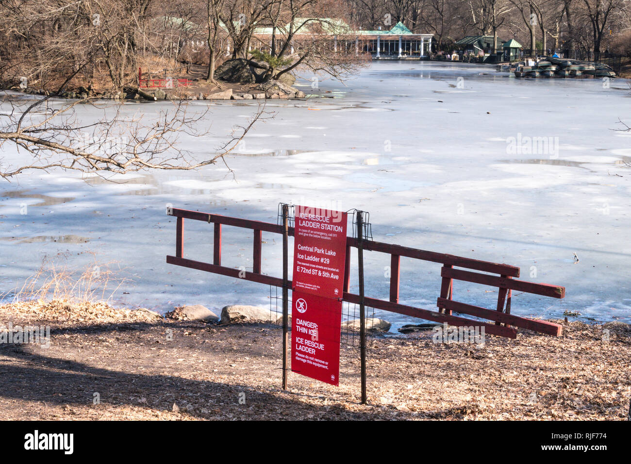 Ice Rescue Ladder Station Sign with the Frozen Lake in background ...