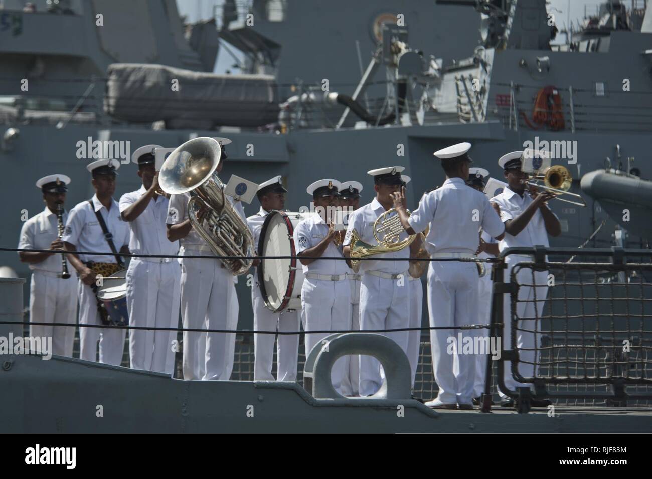 An Indian Navy band performs aboard the stealth frigate INS Sahyadri ...