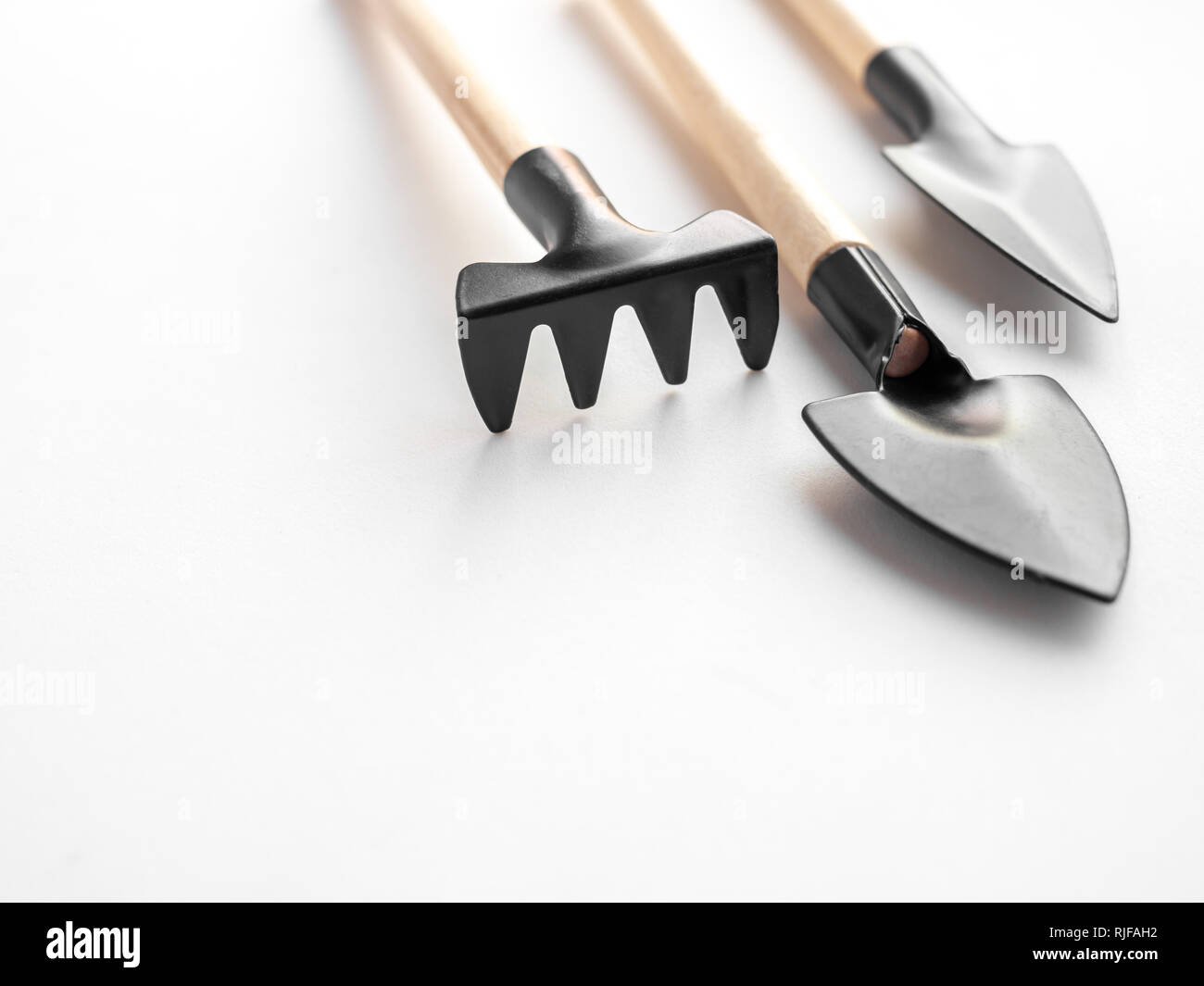 Close-up mini garden tool set isolated on white background with copy ...