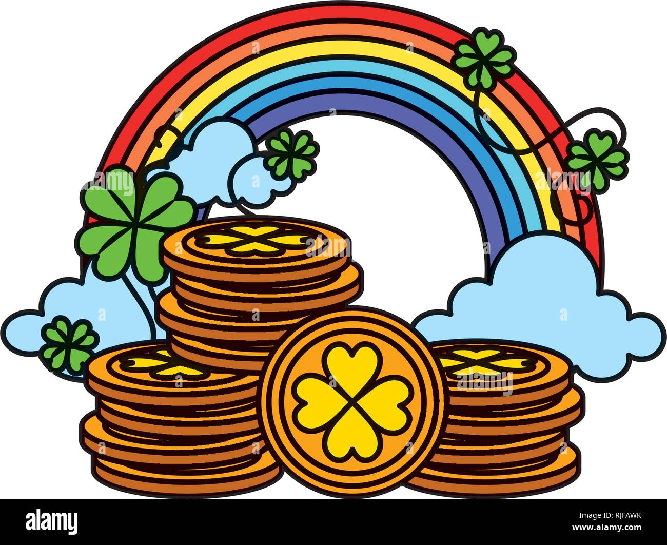 coins pile with clovers leafs and rainbow Stock Vector Image & Art - Alamy