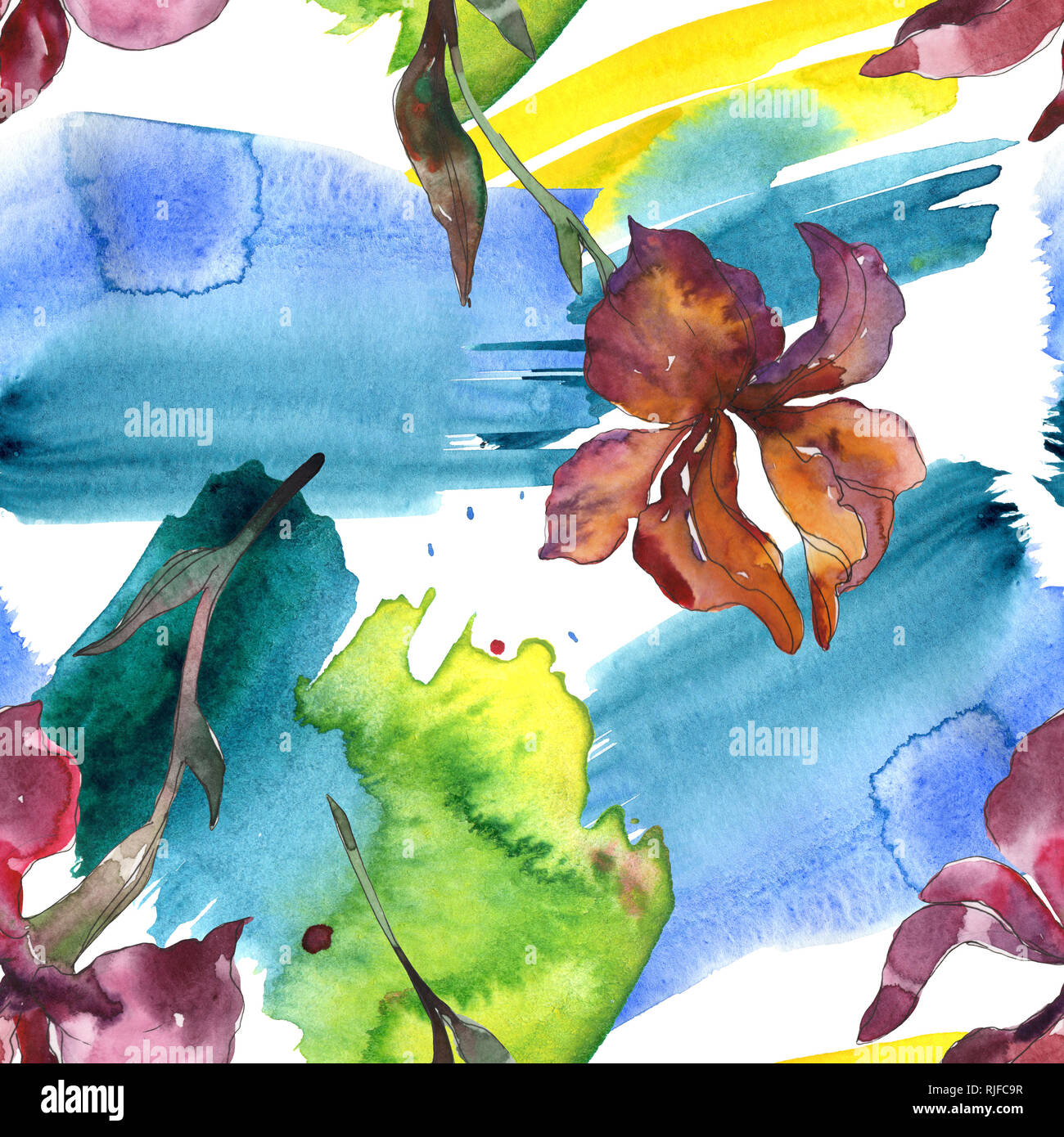 Purplr ahd red irises flower. Wild spring leaf wildflower. Watercolor ...