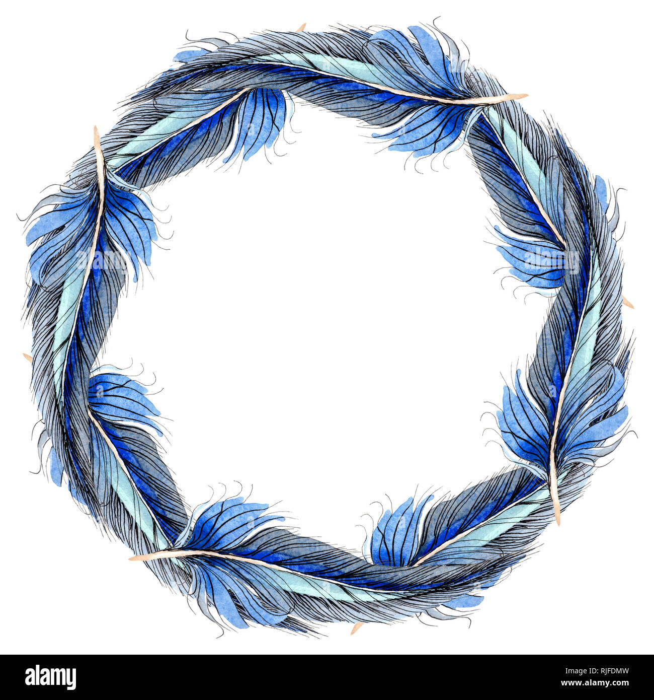 Watercolor blue and black bird feather from wing isolated. Aquarelle ...
