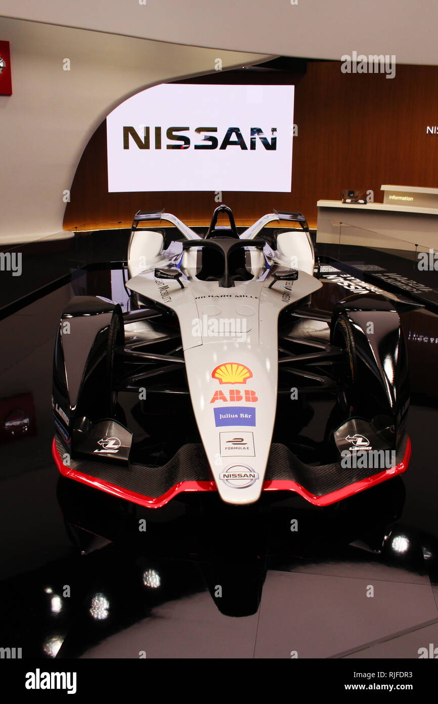 A Nissan Formula E racing car on display at the Nissan Crossing ...