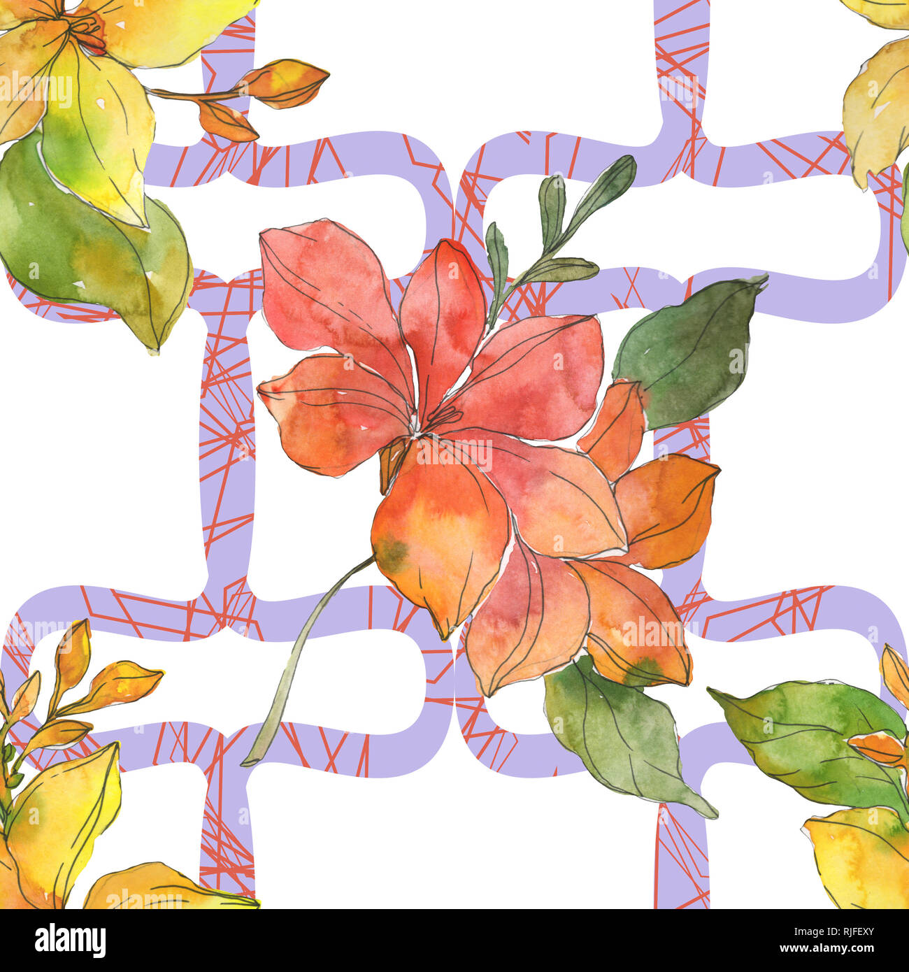 Red and yellow tropical botanical flowers. Wild spring leaf isolated ...