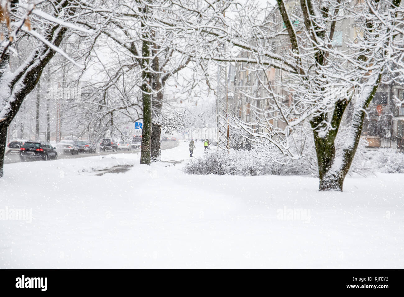 Snowstorm, ice and slippery city streets. Impassable roads and snow ...