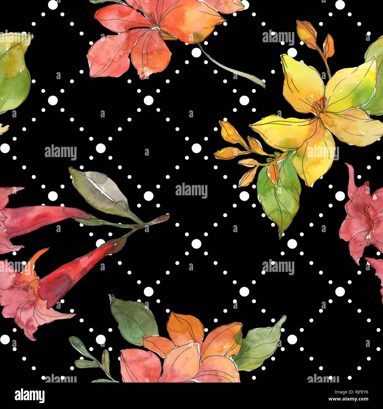 Red and yellow tropical botanical flowers. Wild spring leaf isolated ...