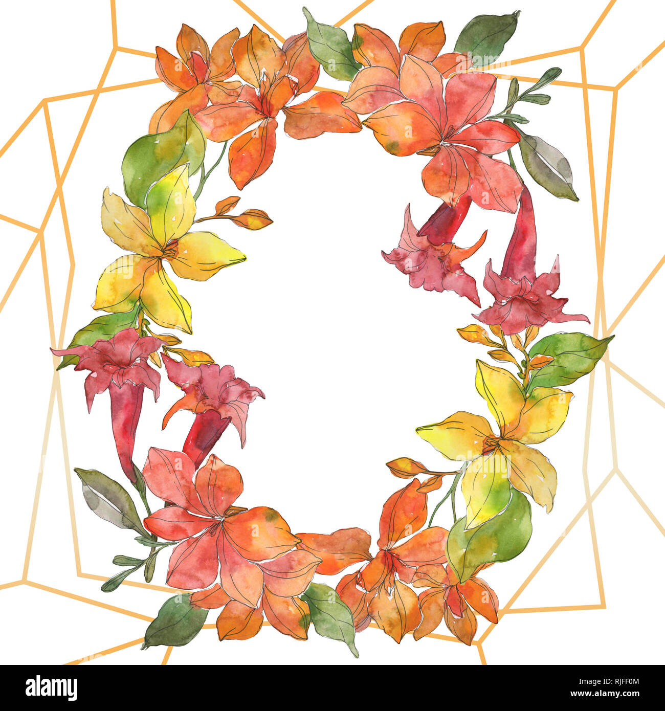 Red and yellow tropical floral botanical flowers. Wild spring leaf ...