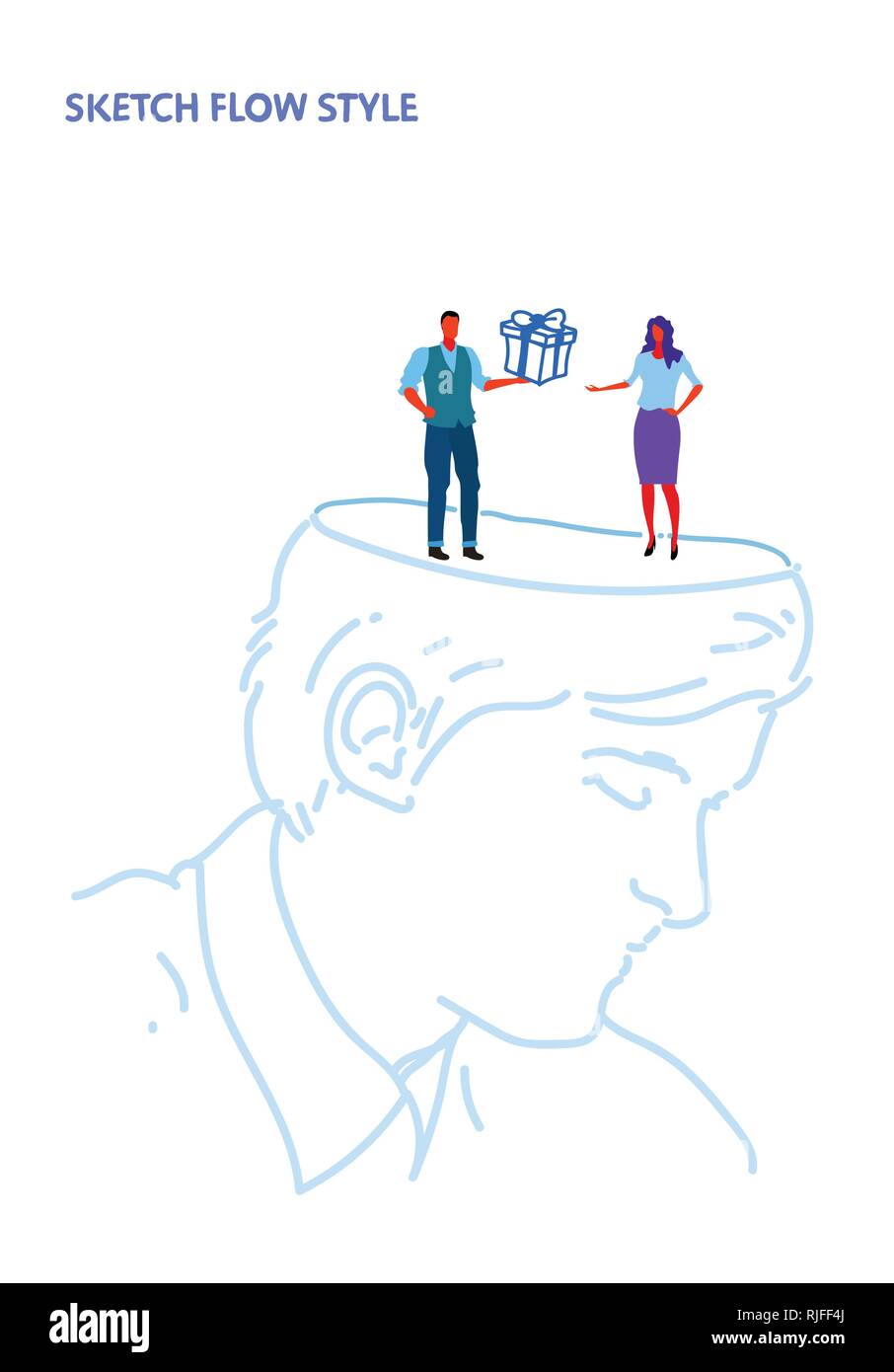 open human head man giving wrapped present box surprise to woman ...