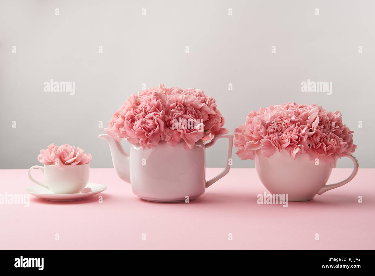 beautiful tender pink flowers in white teapot and cups on grey Stock ...