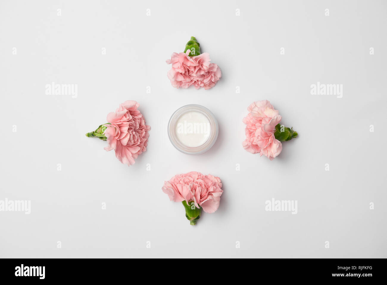 Flat lay of carnations flowers in rhombus arranging and cream container ...