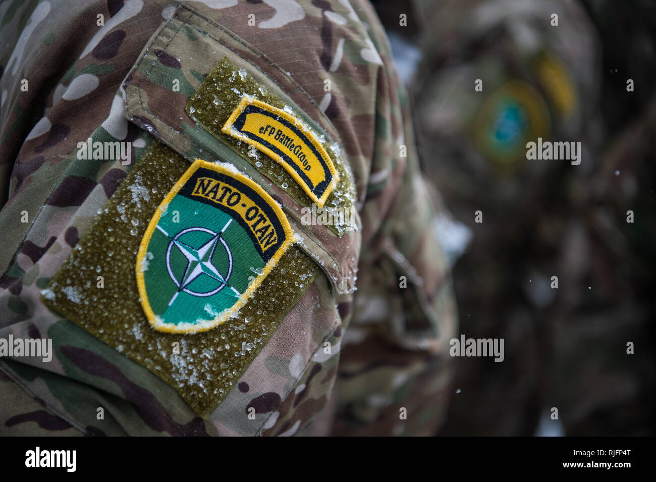 Rukla, Lithuania. 04th Feb, 2019. A Nato soldier bears the EFP ...