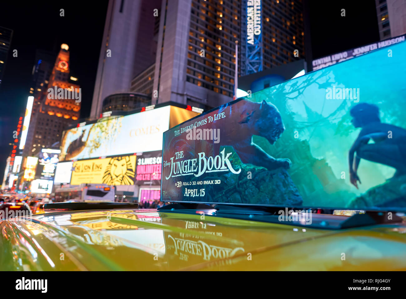 NEW YORK - CIRCA MARCH 2016: close up shot of AD on New York taxi at ...