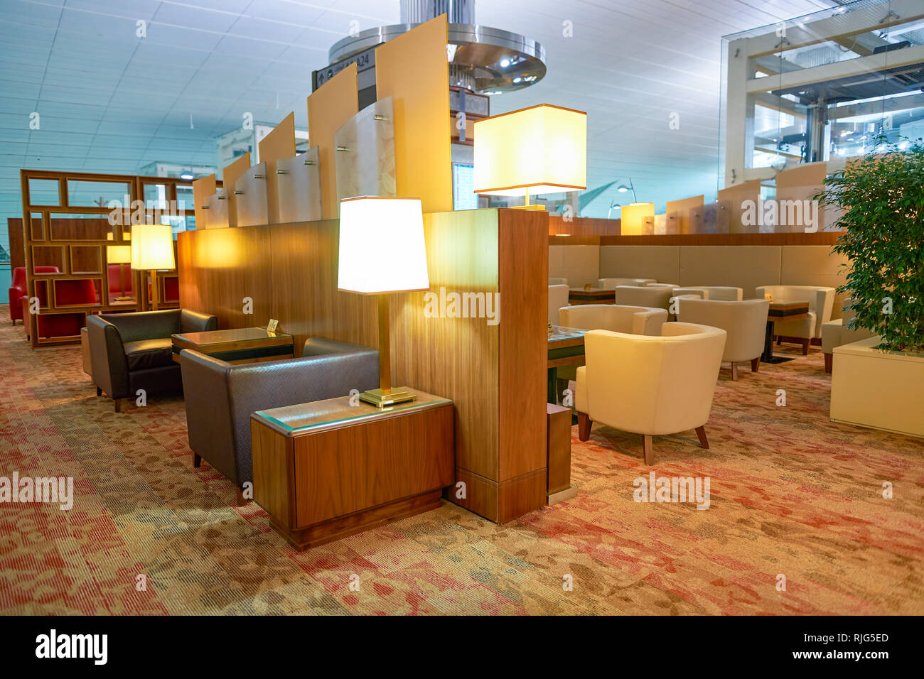 DUBAI, UAE - CIRCA APRIL, 2016: interior of Emirates business class ...
