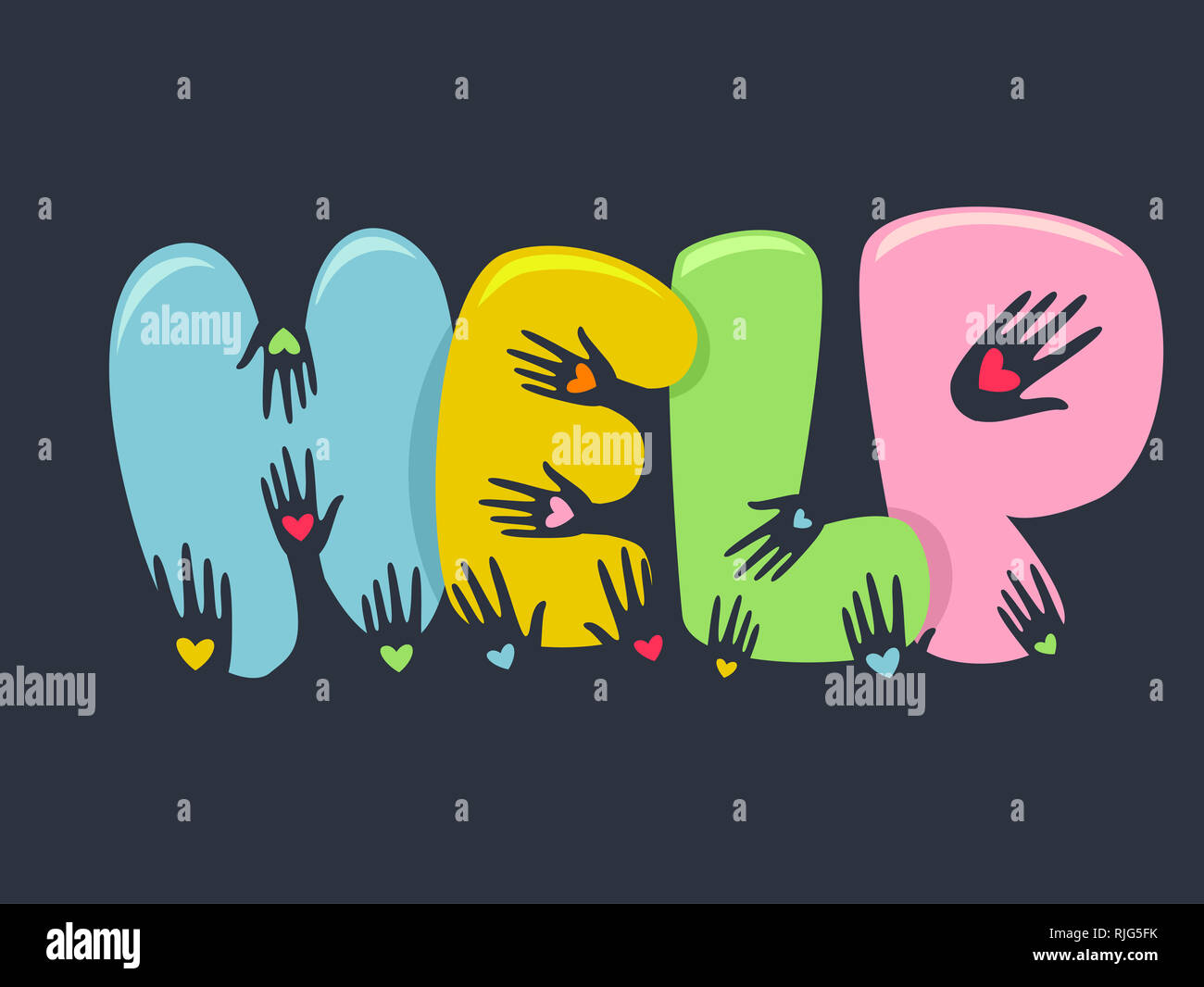 Illustration of Help Lettering with Hands Silhouette Stock Photo - Alamy