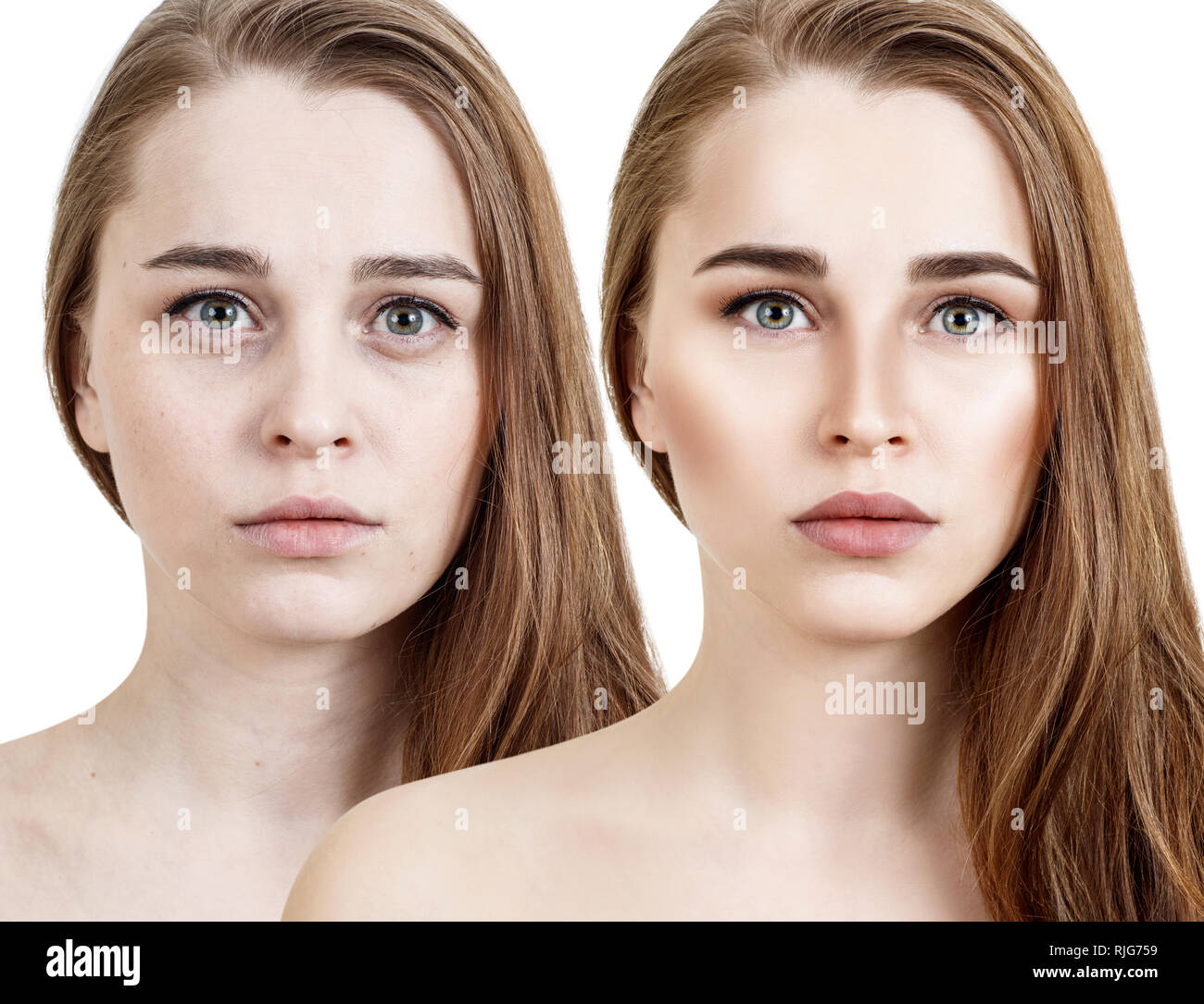 Comparison portrait of young woman before and after retouch Stock Photo ...