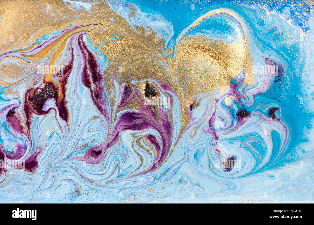 Blue, violet and gold marbling pattern. Golden marble liquid texture ...