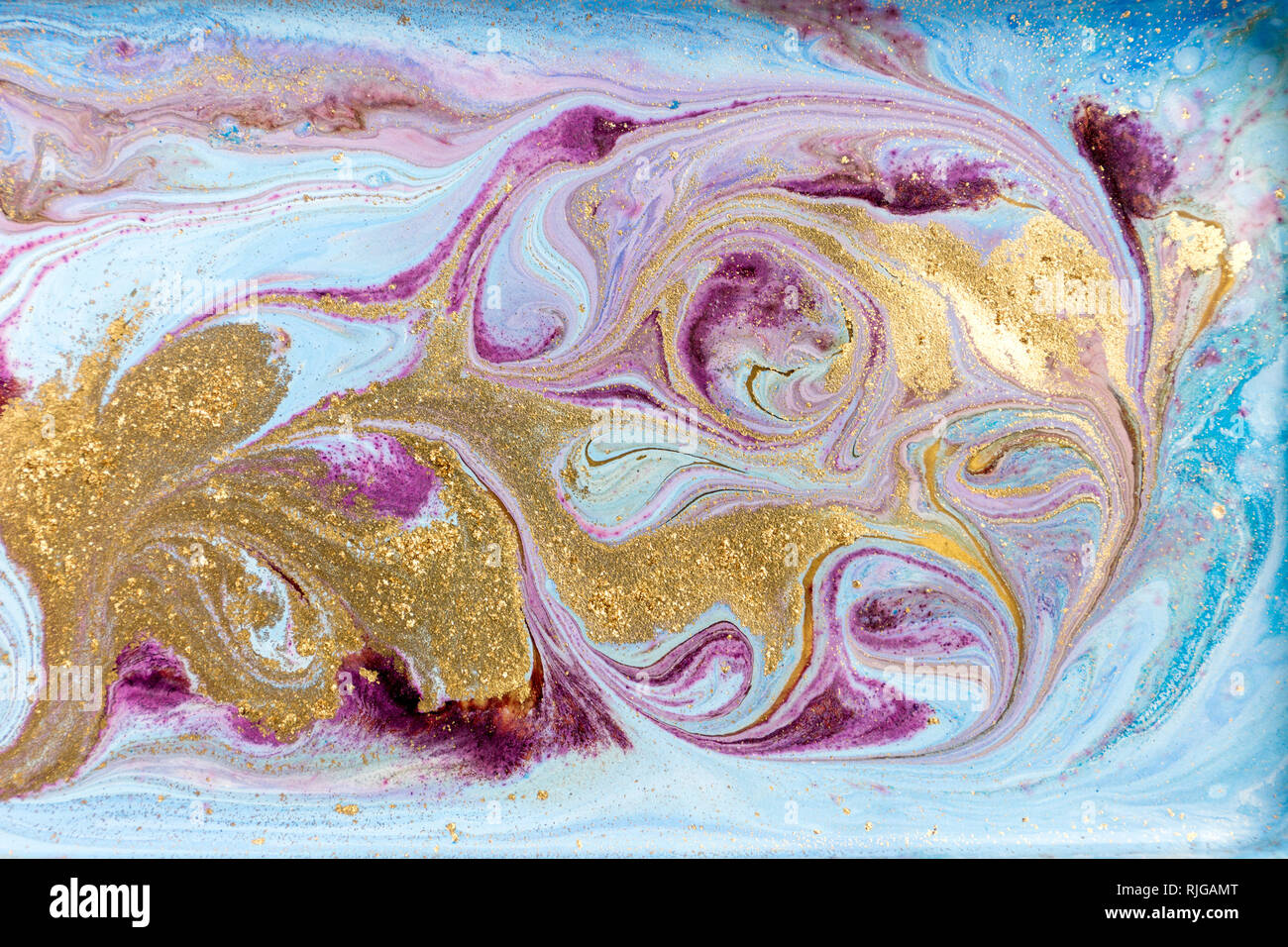 Blue, violet and gold marbling pattern. Golden marble liquid texture ...
