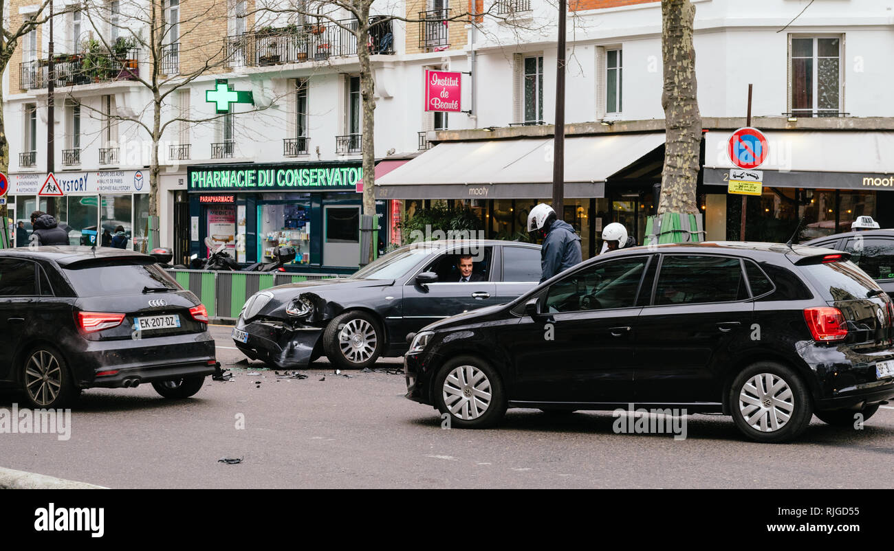 PARIS, FRANCE - JAN 30, 2018: Car accident on Paris street between ...