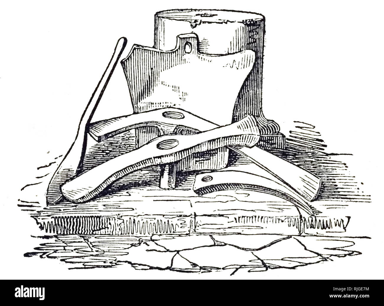An engraving depicting a builder's tools found buried under ash in ...