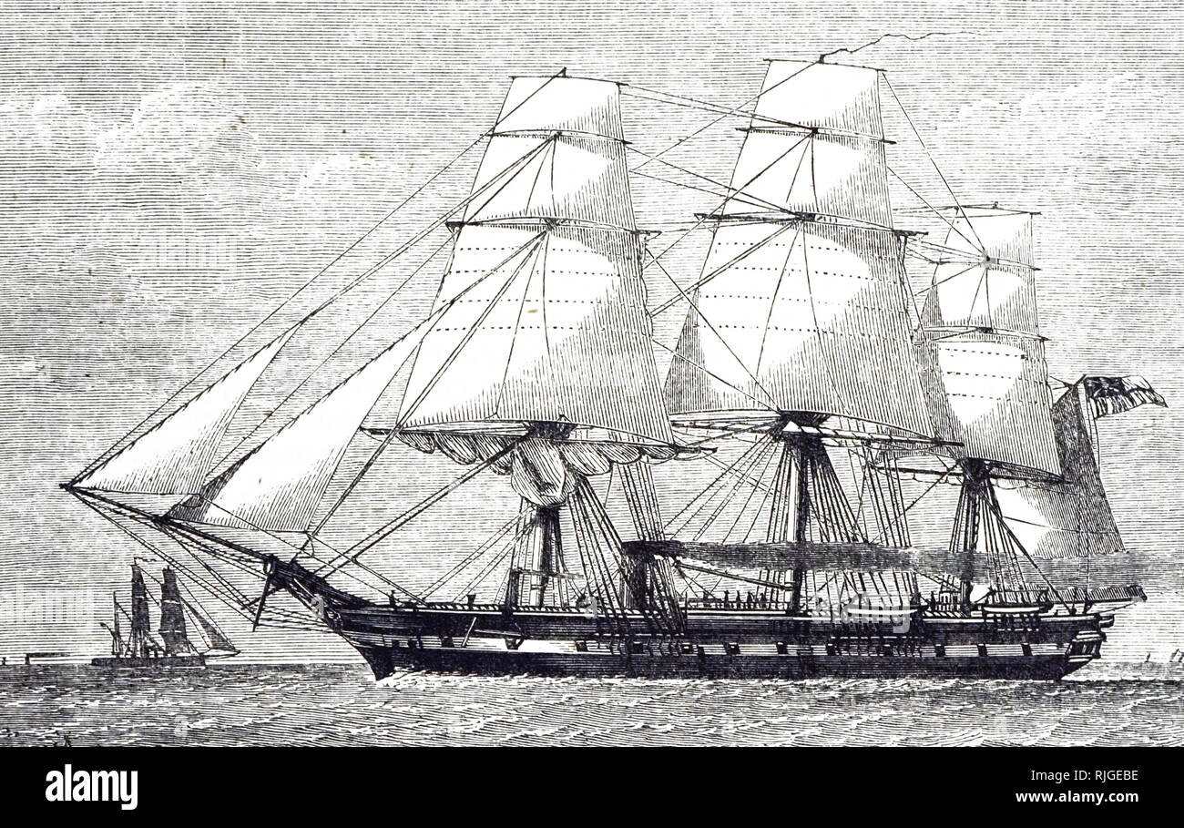 An engraving depicting the HMS Challenger, a steam-assisted Royal Navy ...