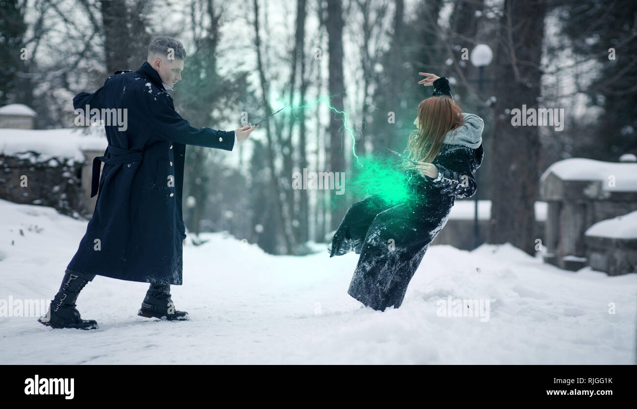 Battle of dark and light magicians with the help of magic wands and ...