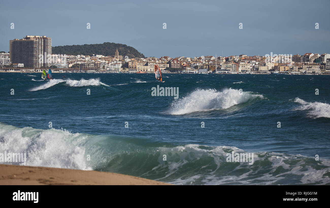 Big waves on the beach, Spanish Costa Brava near town Palamos Stock ...