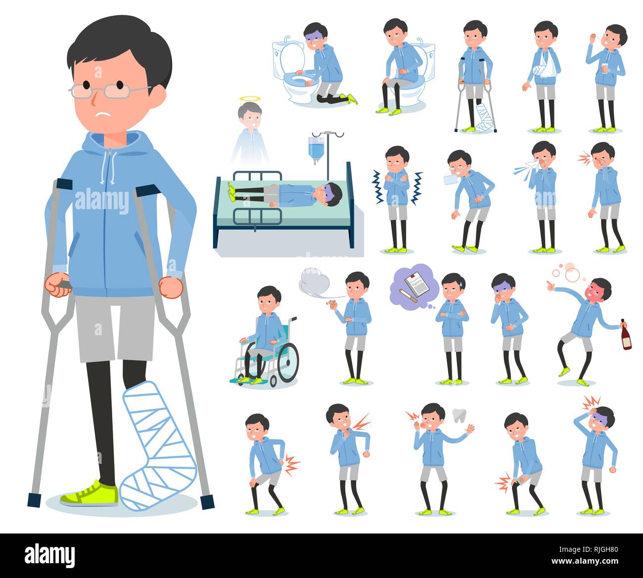 A set of men in sportswear with injury and illness.There are actions ...