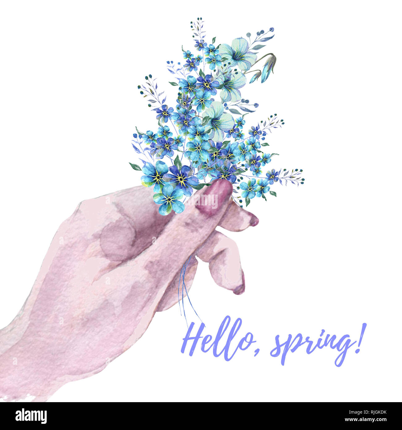 Hello, spring. Watercolor illustration with isolated hand holding a ...