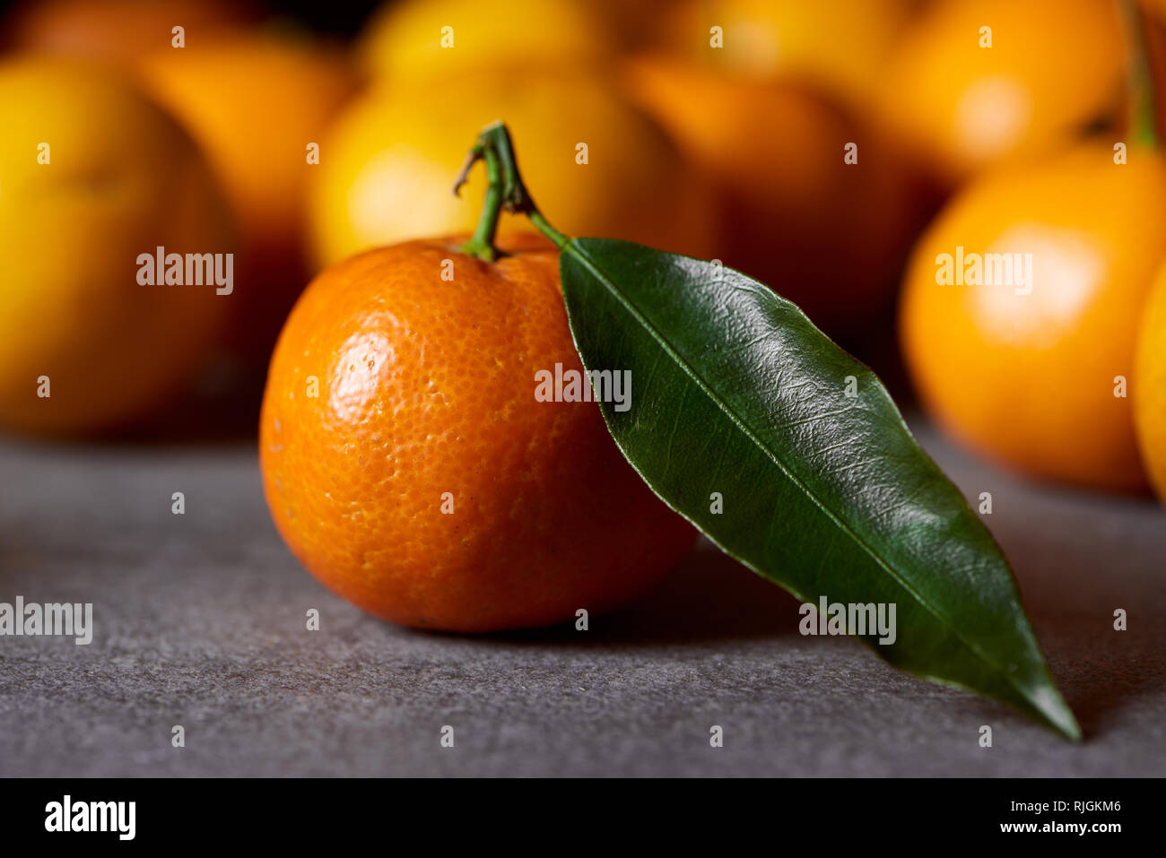 selective focus of sweet orange clementine with green leaf near ...