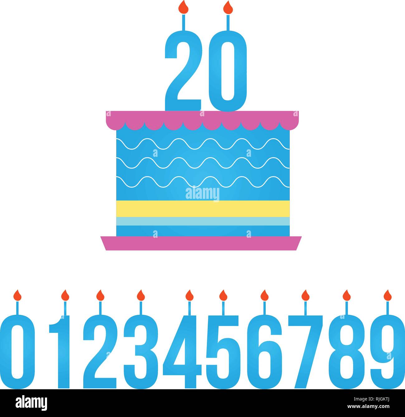 Happy Birthday Cake with Lit Candle, set of numbers. vector ...