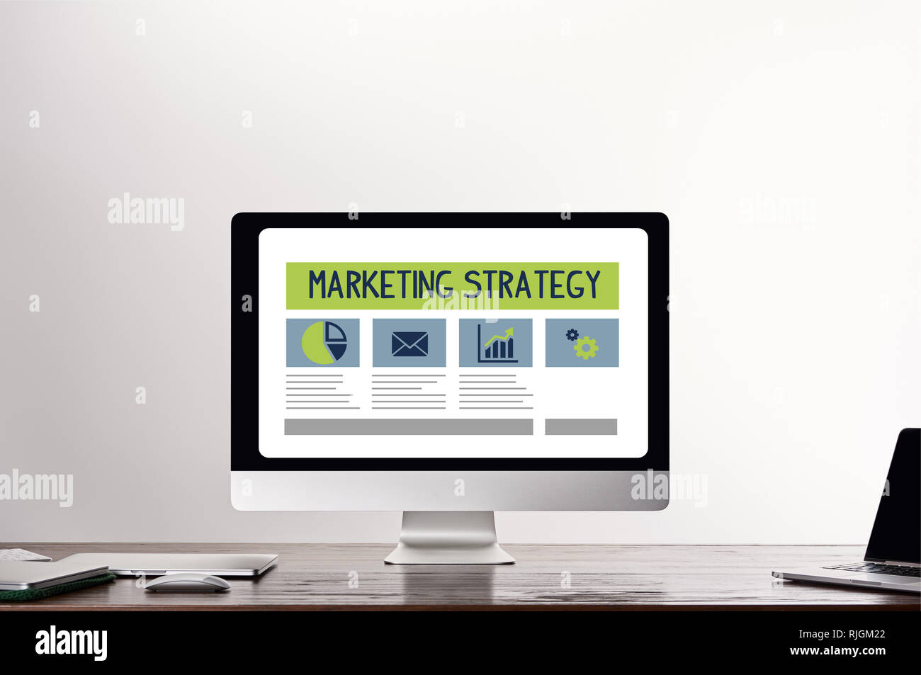 computer with marketing strategy illustration on screen at workplace on ...